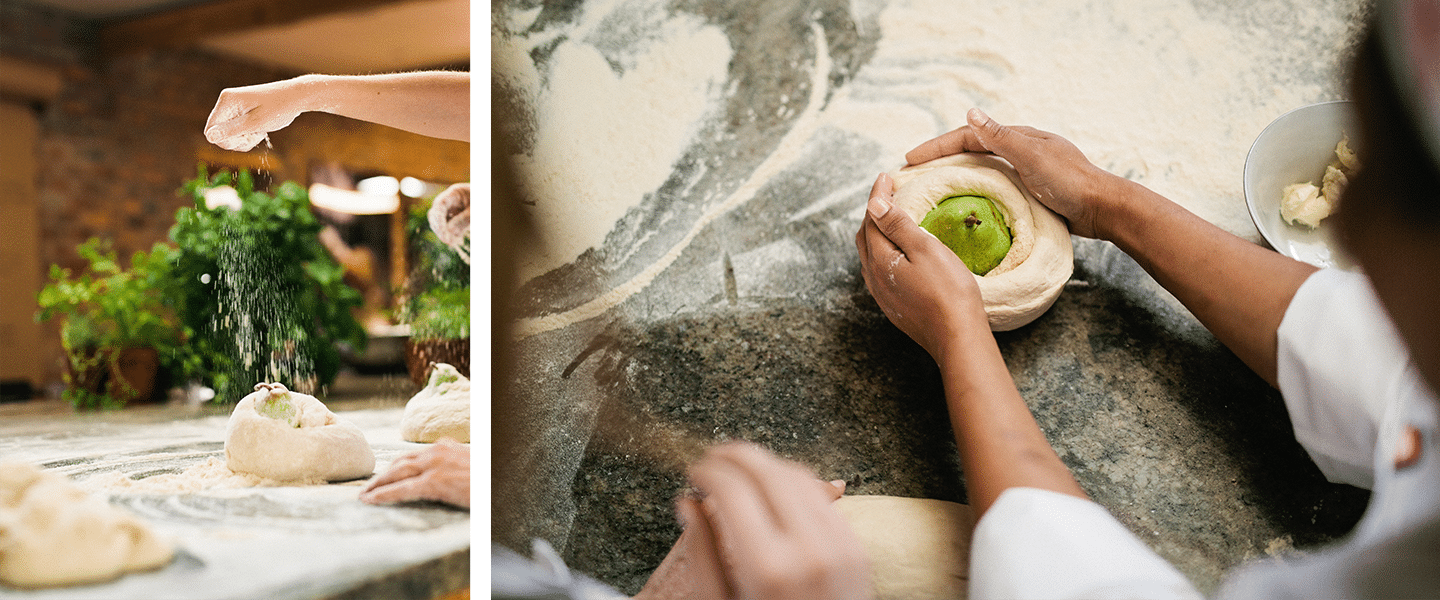 Dusting before baking the bread and moulding the bread at the bread ...