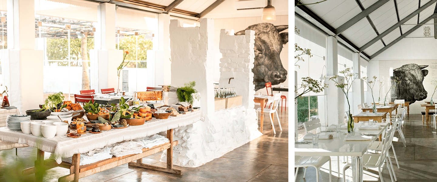 The breakfast harvest table and the interior of the Babel restaurant at ...