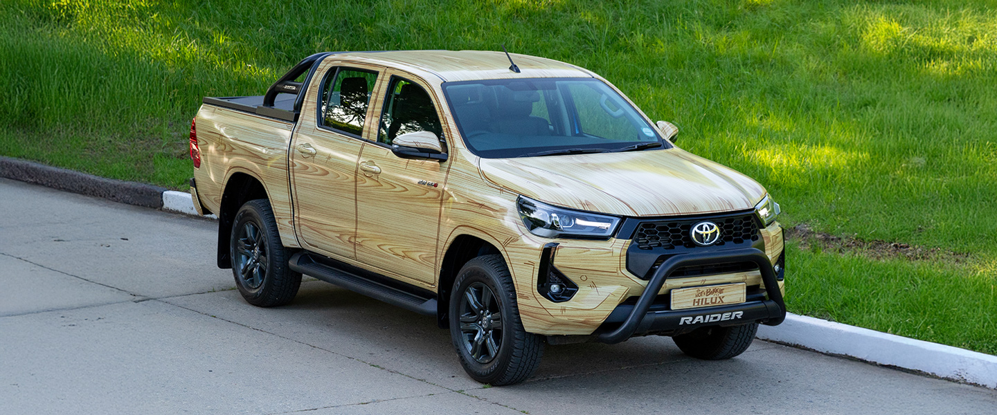 The Toyota Hilux wrapped to look like the wooden toy from the TV ad