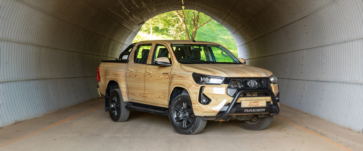 The Toyota Hilux wrapped to look like the wooden toy from the TV advert